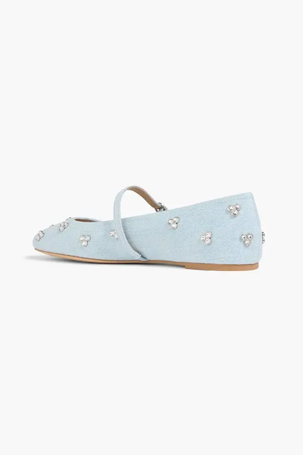 STUART WEITZMAN Tammy Crystal Embellished Denim Mary Jane Flats