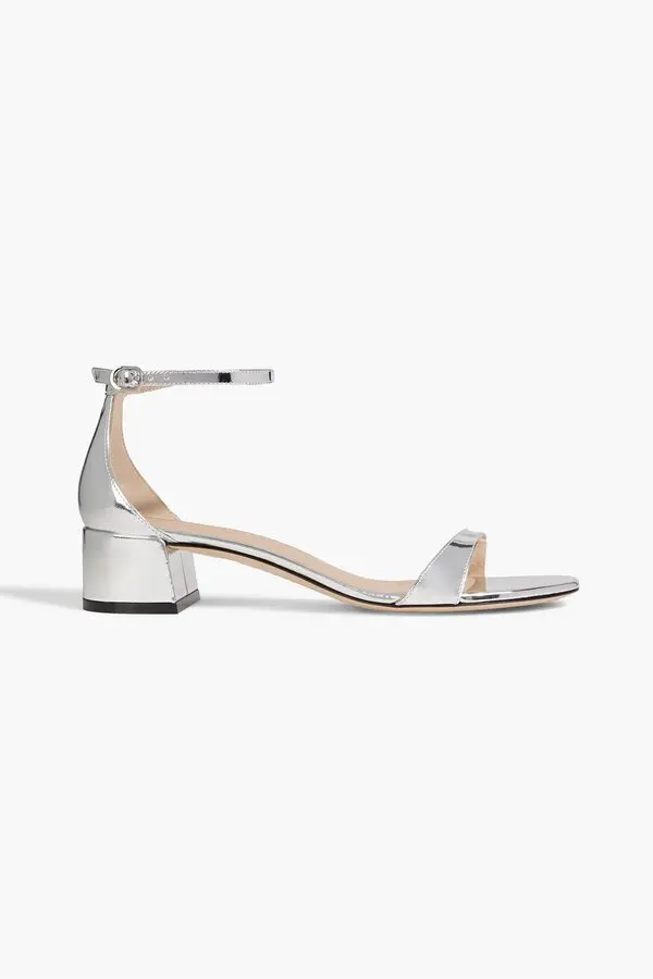 STUART WEITZMAN Mirrored Leather Block Heel Sandals - Silver