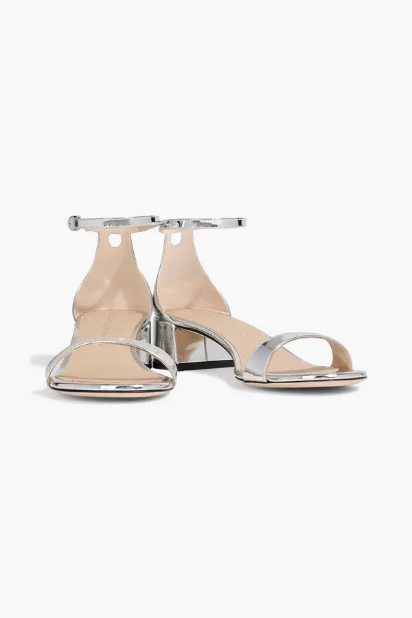 STUART WEITZMAN Mirrored Leather Block Heel Sandals - Silver