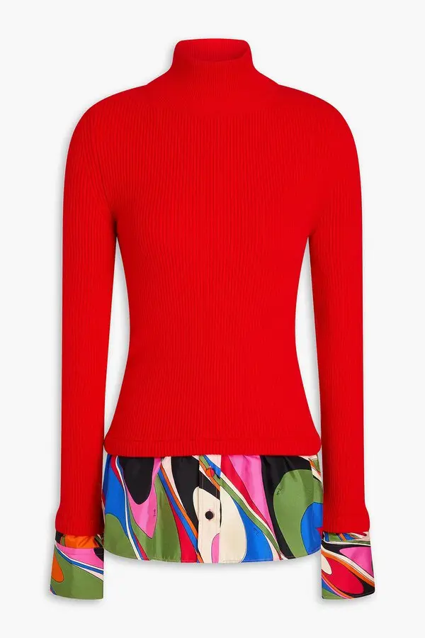 Emilio Pucci Ribbed Wool Turtleneck Sweater With Printed Satin Panels
