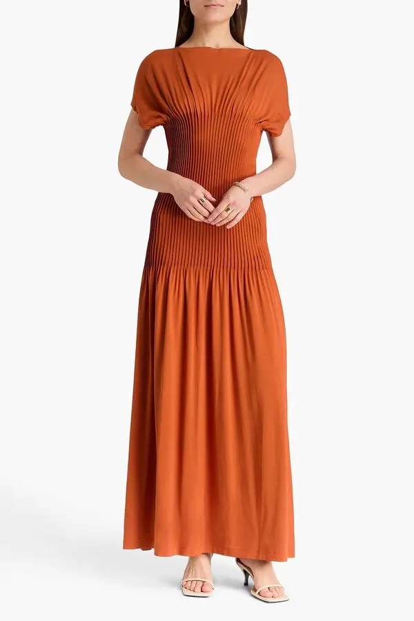 TOTEME Pleated Stretch-jersey Maxi Dress - Tan