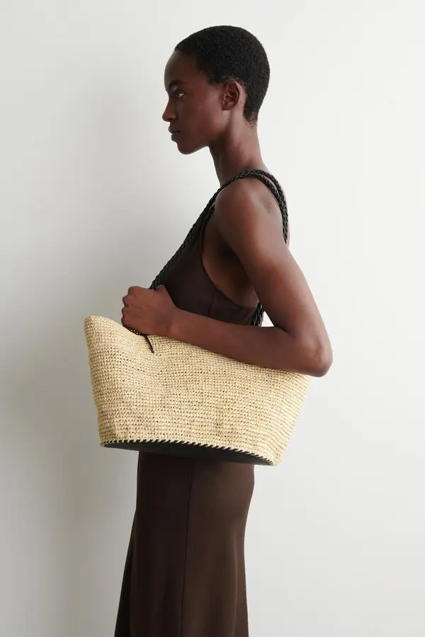 Cos Hand-woven Straw Tote Bag With Leather Details