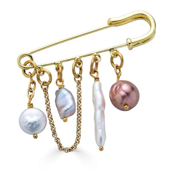 LONI PAUL JEWELRY Gold Safety Pin Brooch With Mixed Pearls - Gold/pink/purple