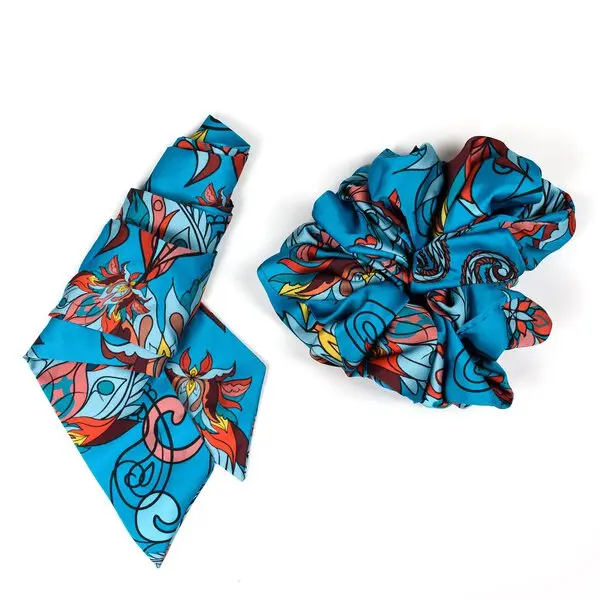 JANARA JONES Floral Paisley Satin Twilly & Scrunchie Set - Blue