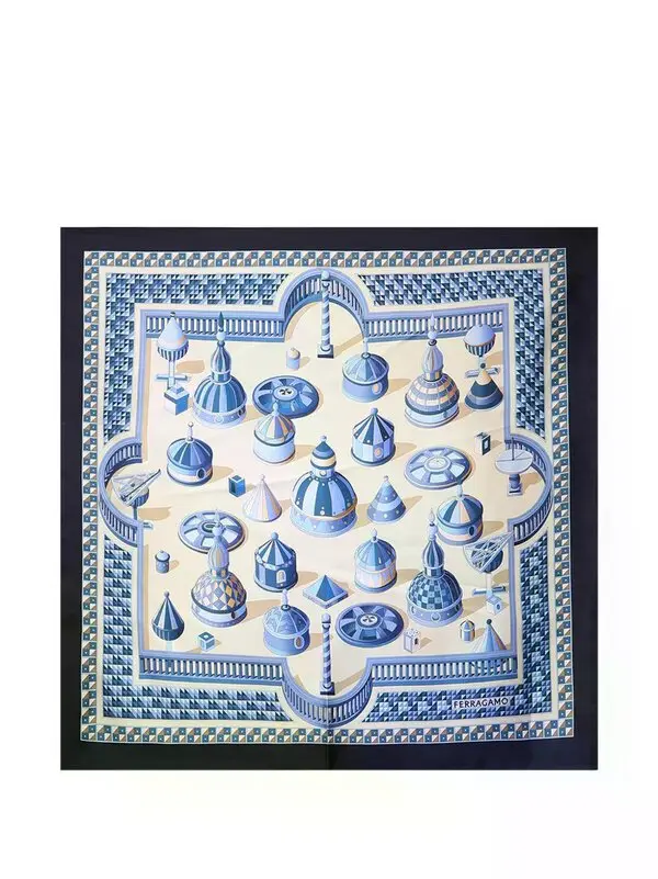 FERRAGAMO Architectural-print Silk Scarf - Blue