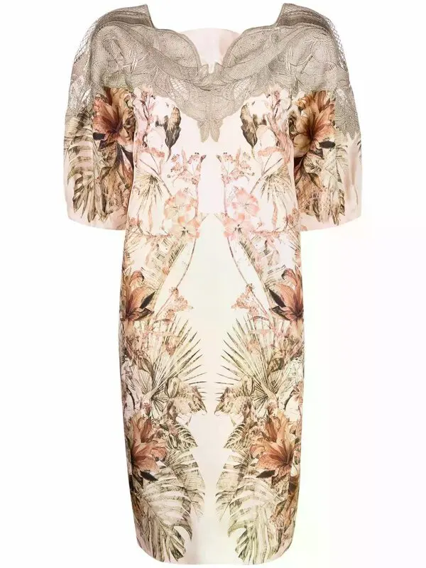 Alberta Ferretti Macramé Detailing Floral-print Shift Dress - Neutrals