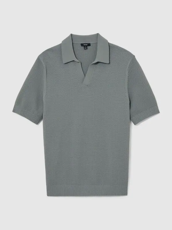 REISS Leon Cotton-blend Basket-stitch Open-collar Polo - Sage