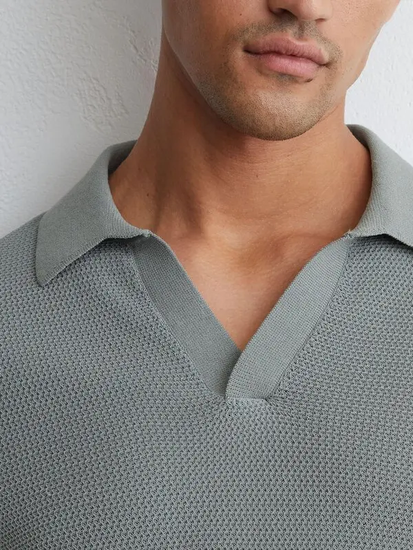 REISS Leon Cotton-blend Basket-stitch Open-collar Polo - Sage