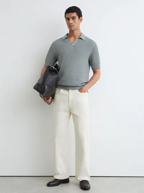 REISS Leon Cotton-blend Basket-stitch Open-collar Polo - Sage
