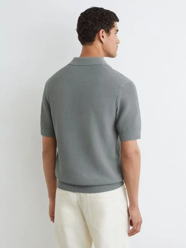 REISS Leon Cotton-blend Basket-stitch Open-collar Polo - Sage