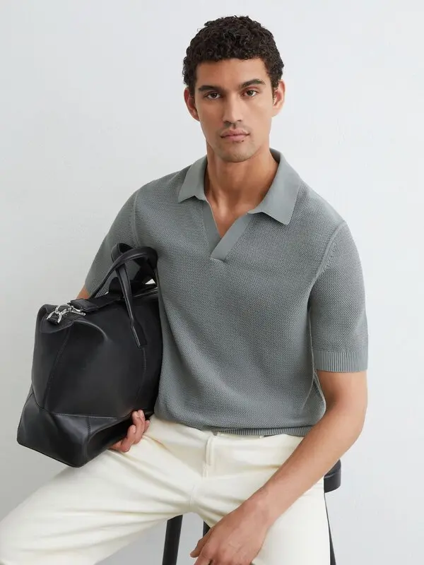 REISS Leon Cotton-blend Basket-stitch Open-collar Polo - Sage