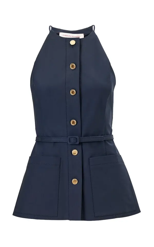 Carolina Herrera Sleeveless Halter Neck Belted Cotton Sateen Top With Gold-tone Buttons - Navy