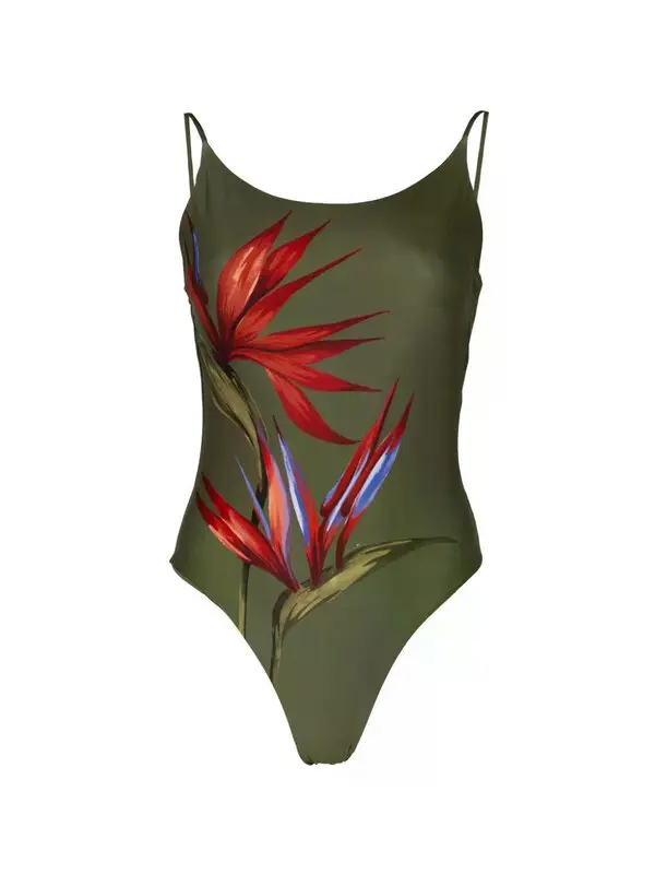 Farm Rio Floral Print Spaghetti Strap Swimsuit - Green