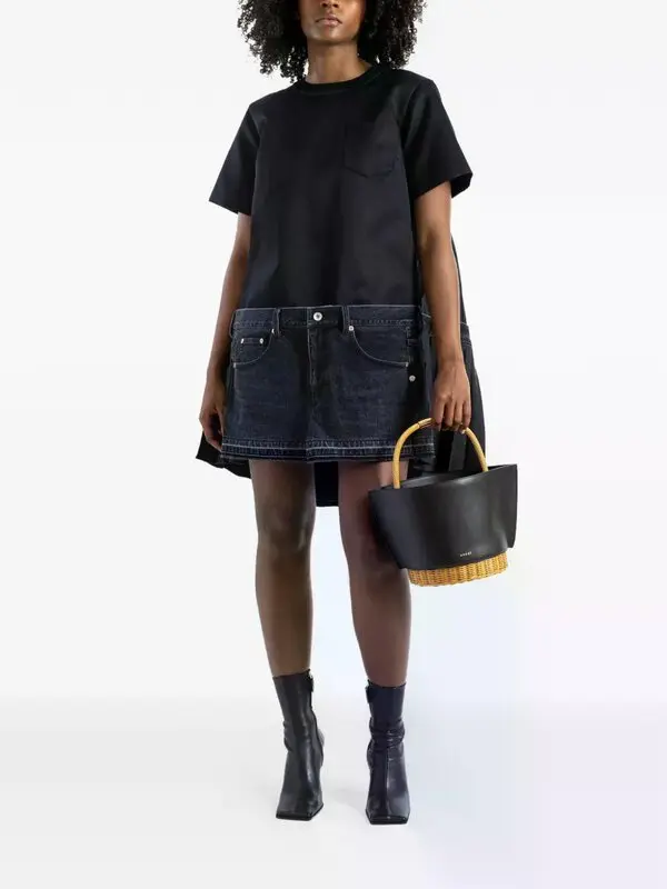 Sacai Hybrid Denim Pleated Asymmetric Dress - Black