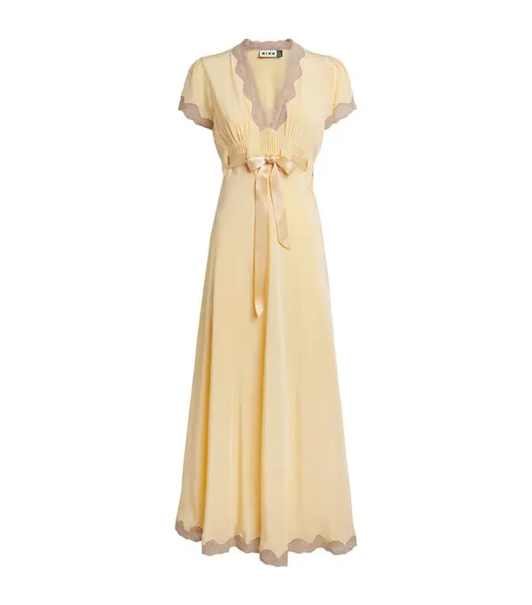 Rixo Marlice Silk Midi Dress With Lace Trim And Bow Detail - Yellow