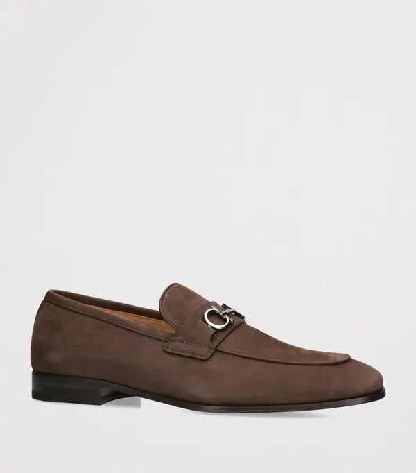 FERRAGAMO Suede Gancini Loafers - Brown