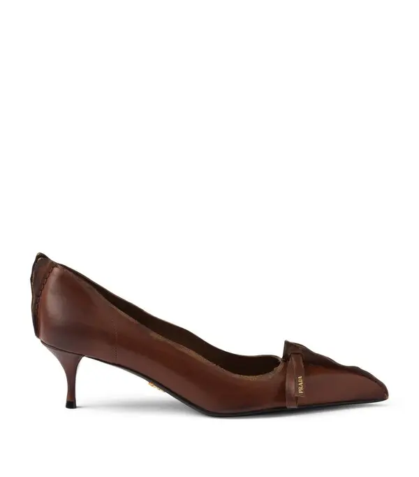 Prada Antiqued Leather Kitten Heel Pumps With Bow Detailing - Brown