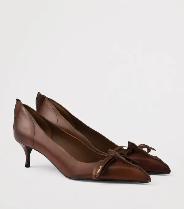 Prada Antiqued Leather Kitten Heel Pumps With Bow Detailing - Brown
