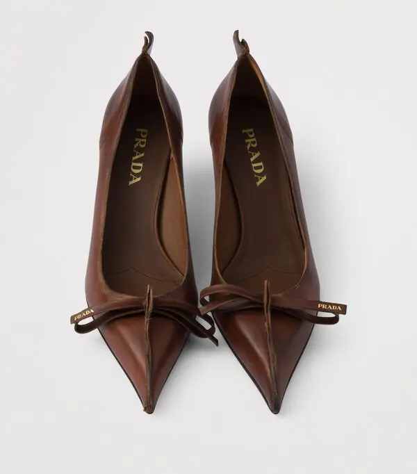 Prada Antiqued Leather Kitten Heel Pumps With Bow Detailing - Brown