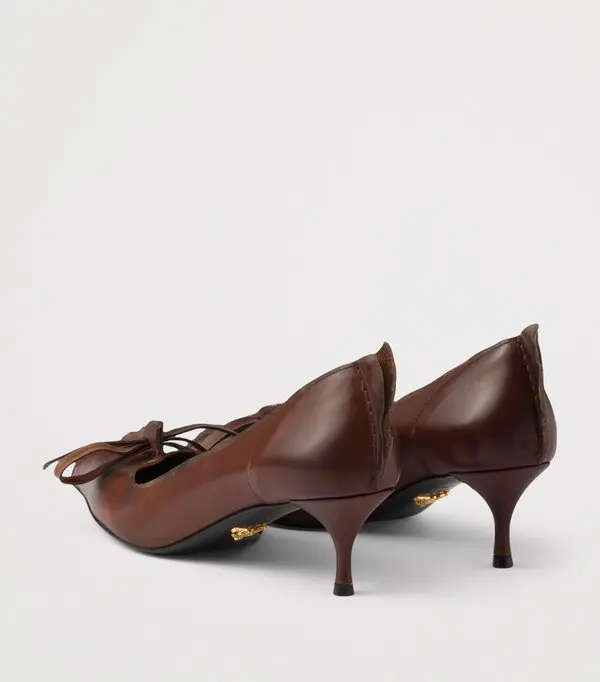 Prada Antiqued Leather Kitten Heel Pumps With Bow Detailing - Brown