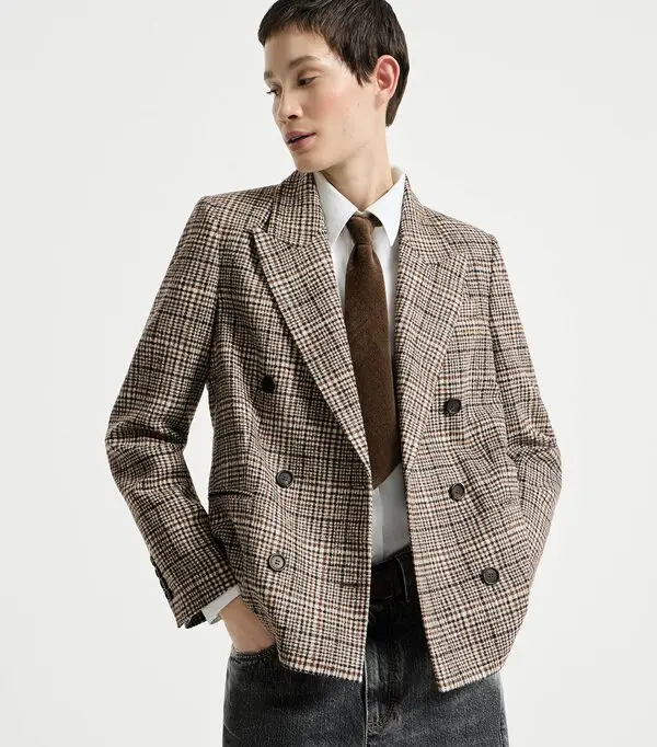 Brunello Cucinelli Alpaca-blend Checked Double-breasted Blazer - Beige