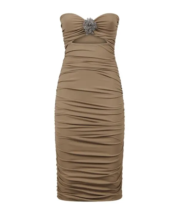 Amen Pleated Sweetheart Neckline Dress With Embellished Flower