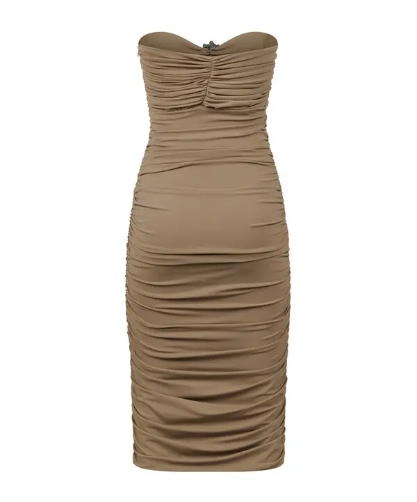 Amen Pleated Sweetheart Neckline Dress With Embellished Flower