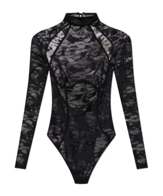 DIESEL® Lace High Neck Long Sleeve Bodysuit With Open Back