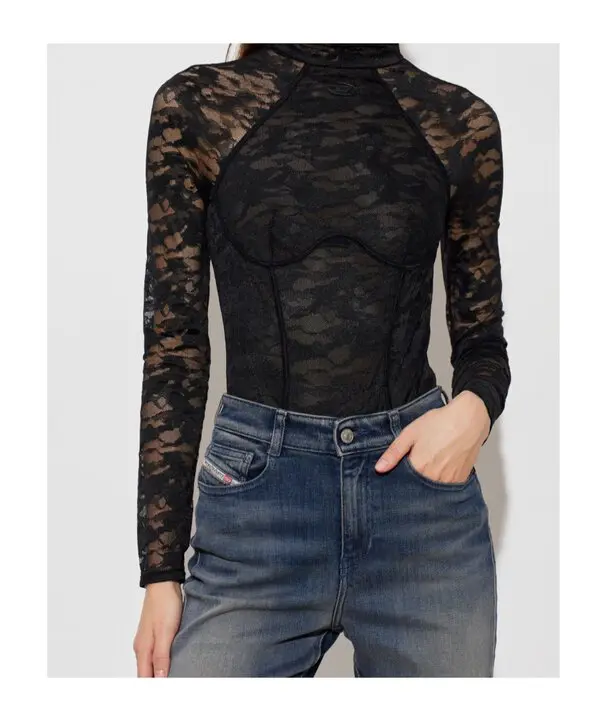 DIESEL® Lace High Neck Long Sleeve Bodysuit With Open Back