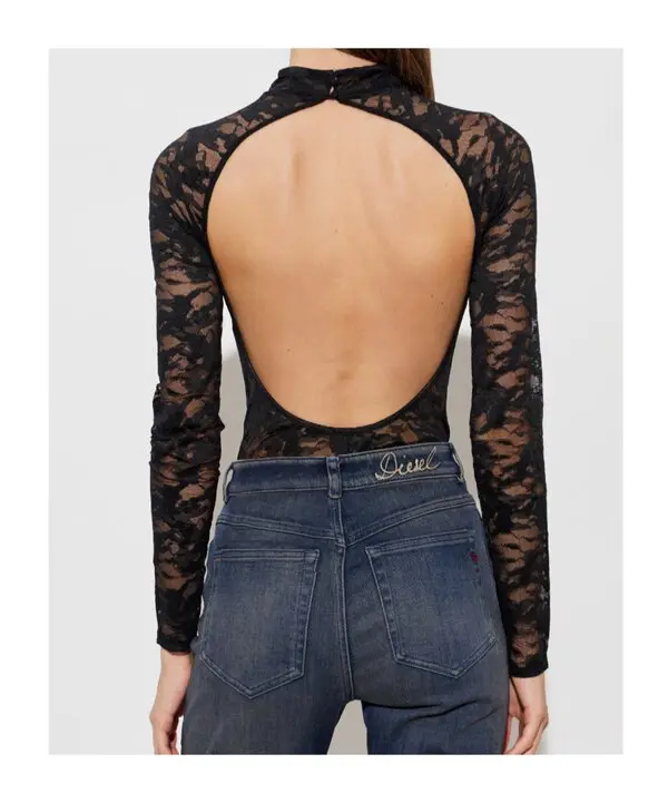DIESEL® Lace High Neck Long Sleeve Bodysuit With Open Back