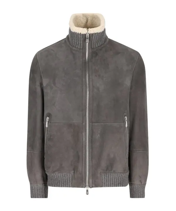 Brunello Cucinelli Shearling Trimmed Zip-up Bomber Jacket - Black