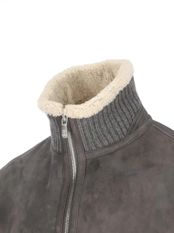 Brunello Cucinelli Shearling Trimmed Zip-up Bomber Jacket - Black