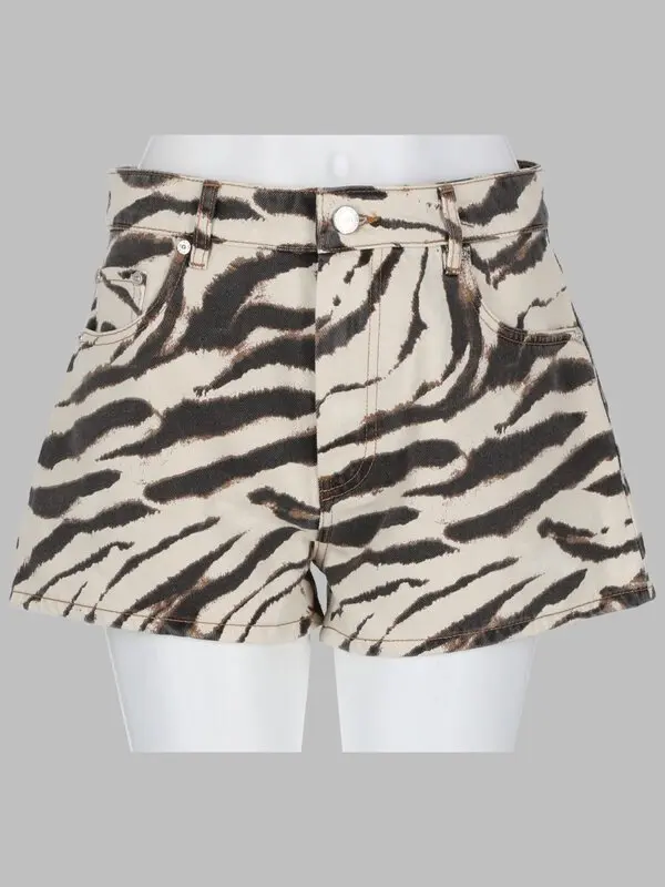 GANNI Zebra Printed Denim Shorts - Egret Color