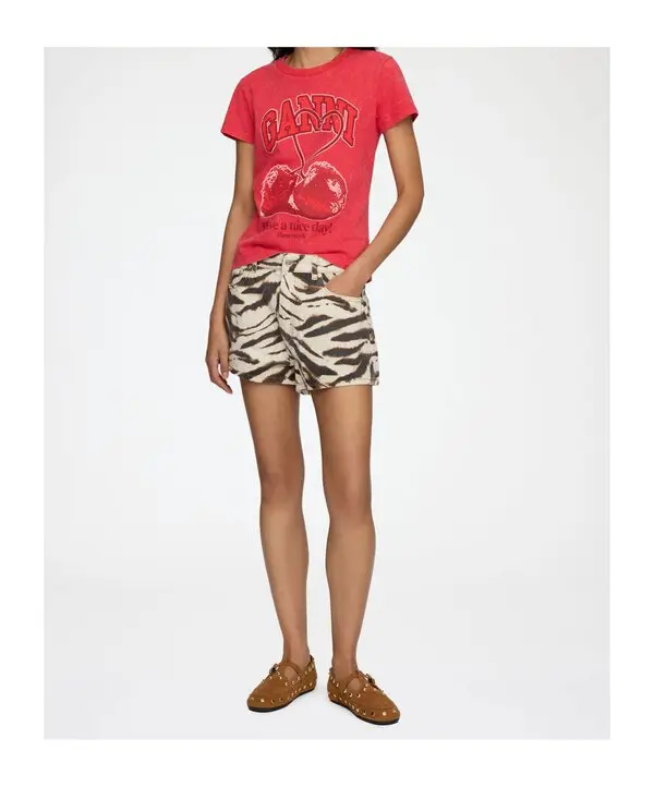 GANNI Zebra Printed Denim Shorts - Egret Color