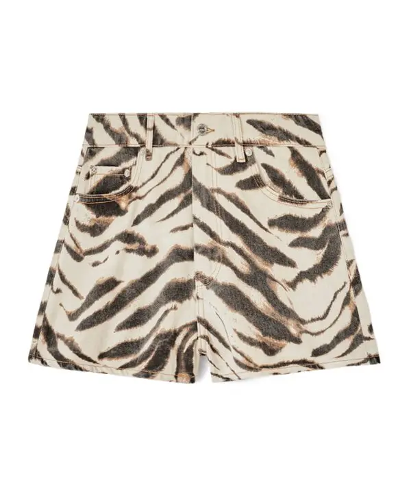 GANNI Zebra Printed Denim Shorts - Egret