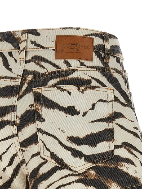 GANNI Zebra Printed Denim Shorts - Egret