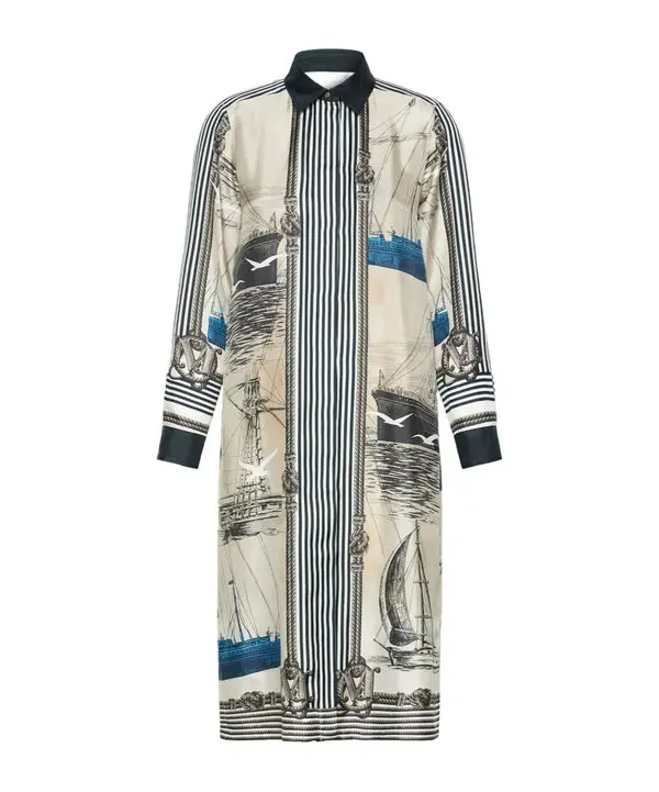 Max Mara Nautical Print Silk Midi Shirt Dress - Stone