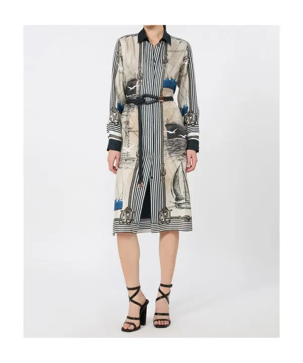 Max Mara Nautical Print Silk Midi Shirt Dress