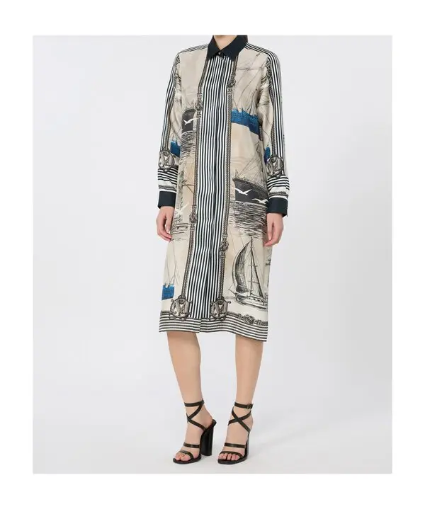 Max Mara Nautical Print Silk Midi Shirt Dress
