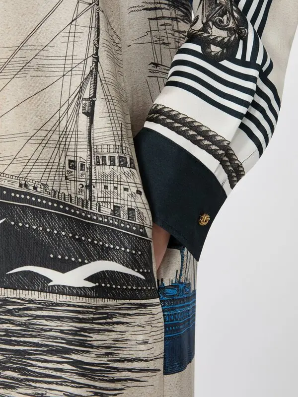 Max Mara Nautical Print Silk Midi Shirt Dress