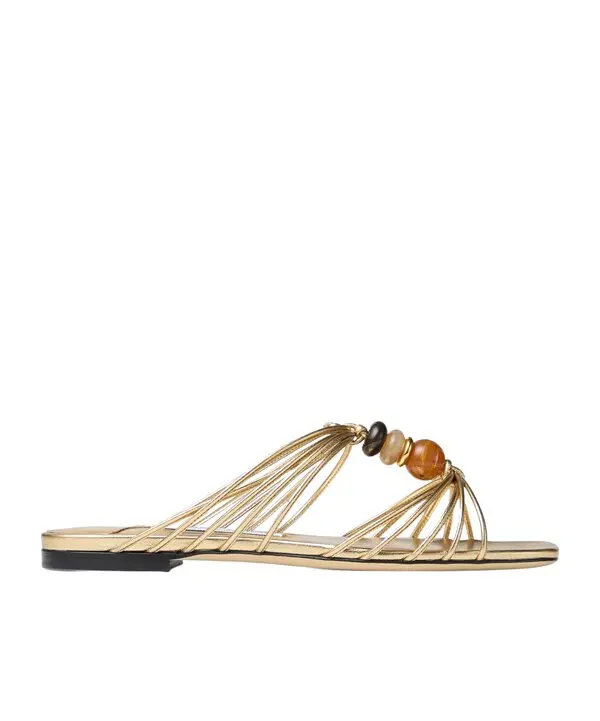 JIMMY CHOO Lova Beaded Metallic Leather Slide Sandals - Gold