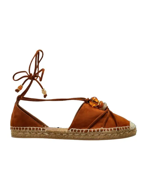 JIMMY CHOO Round Toe Flat Espadrilles With Decorative Beads - Brown