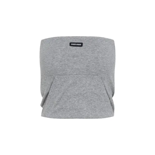 Miu Miu Heather Grey Cotton Jersey Bandeau Top With Logo Pocket - Gray