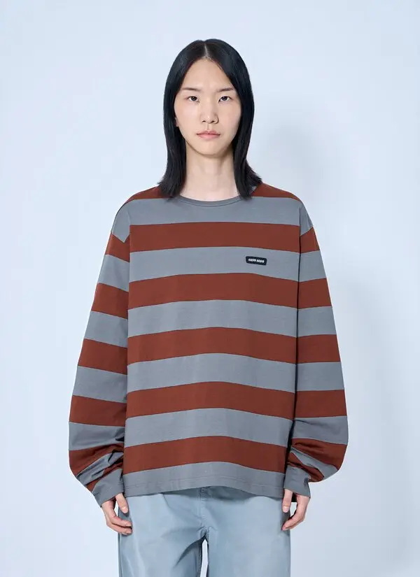 Miu Miu Striped Long Sleeve T-shirt In Cotton - Gray