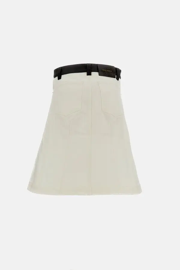 WALES BONNER Cotton Denim Flared Midi Skirt With Leather Waist Detail