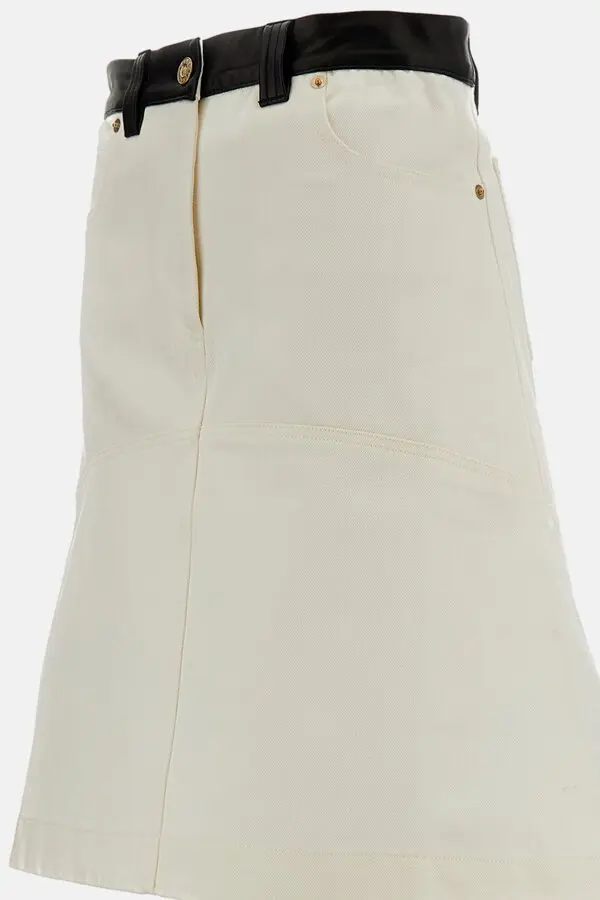 WALES BONNER Cotton Denim Flared Midi Skirt With Leather Waist Detail