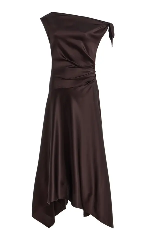 Staud Portia Silk-blend One-shoulder Midi Dress - Brown
