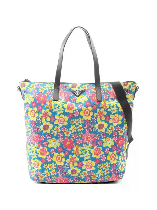 Prada Tessuto Stampato Floral Tote Bag - Blue