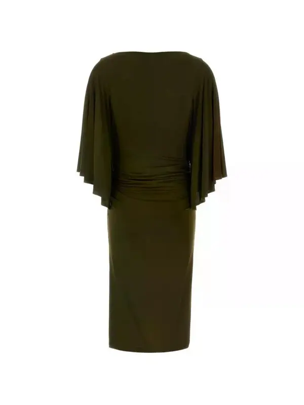 Blumarine Khaki Rosette Detail Cape Sleeve Midi Dress