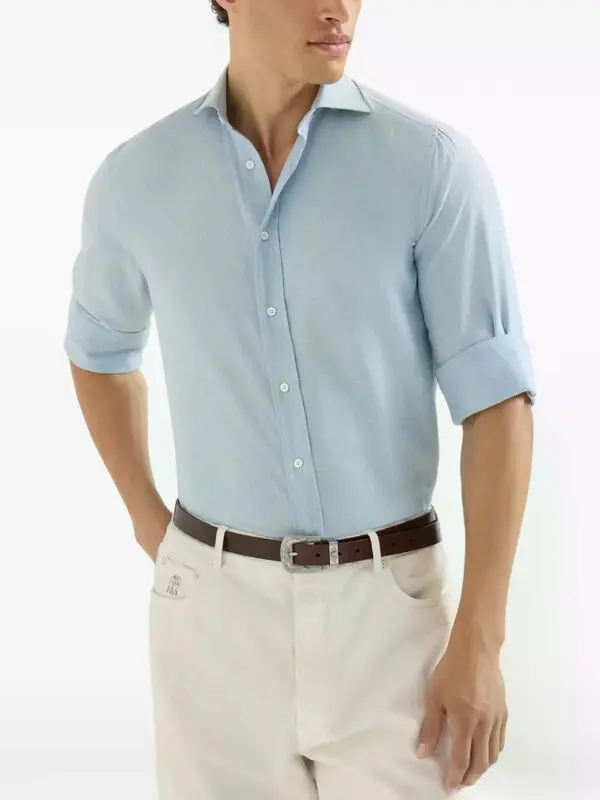 Brunello Cucinelli Cotton And Cashmere Denim-effect Diagonal Shirt With Spread Collar